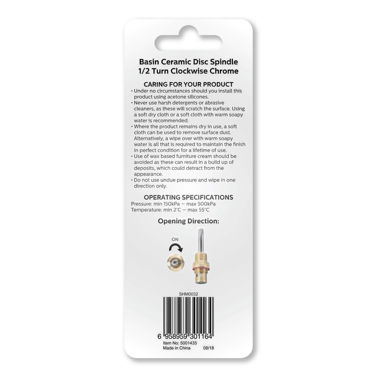 Chrome Plate Ceramic Disc Basin Spindle 1/2 Turn Clockwise - Shaw & Mason