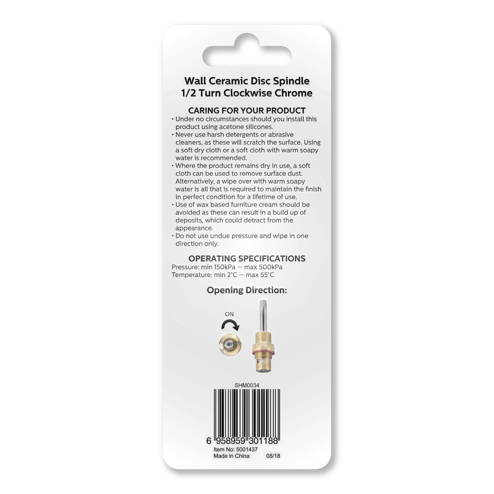 Chrome Plate Ceramic Disc Wall Spindle 1/2 Turn Clockwise - Shaw & Mason