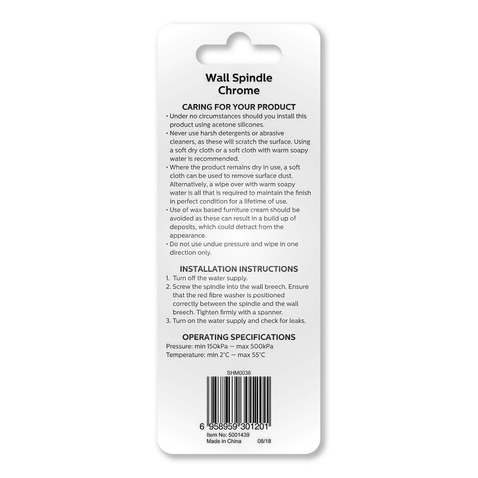 Chrome Plated Wall Spindle - Shaw & Mason